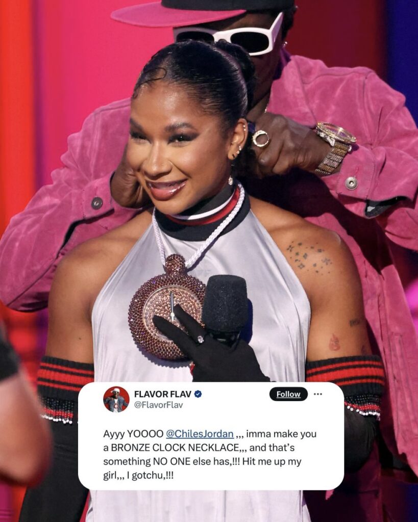 Flavor Flav Gifts Gymnast Jordan Chiles With Custom Bronze Clock at MTV ...